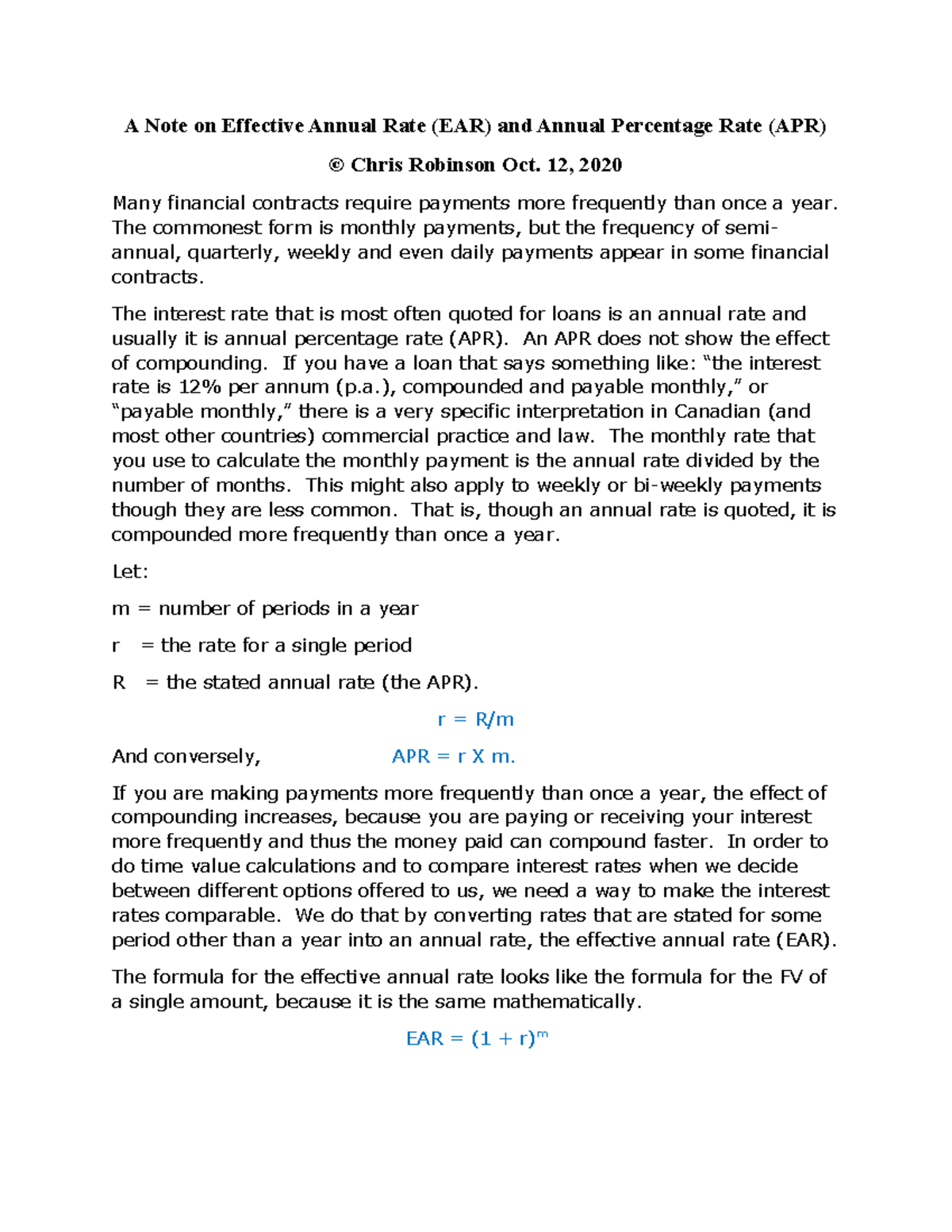 A Note on Effective Annual Rate (EAR) and Annual Percentage Rate (APR ...