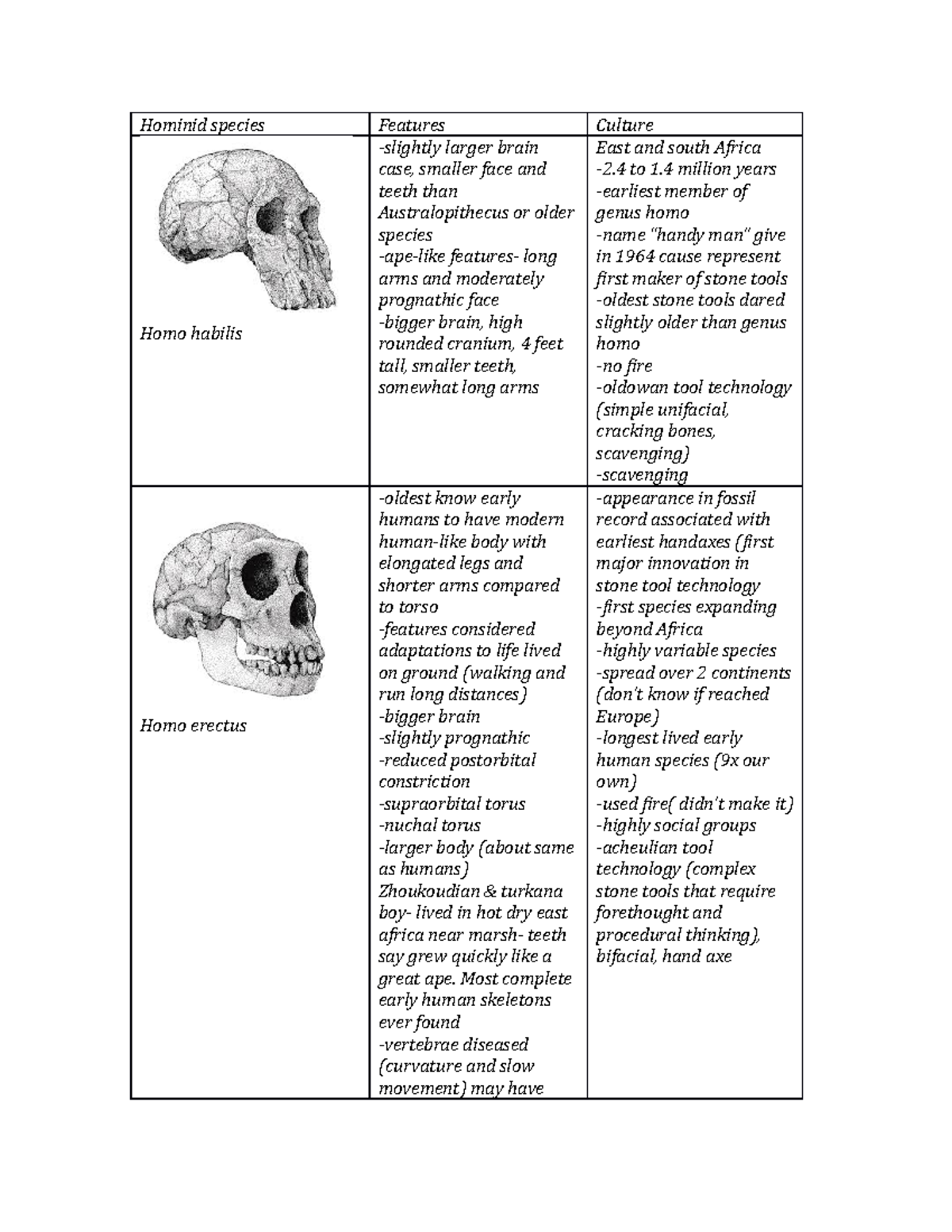 Genus Homo worksheet - Hominid species Features Culture Homo habilis ...