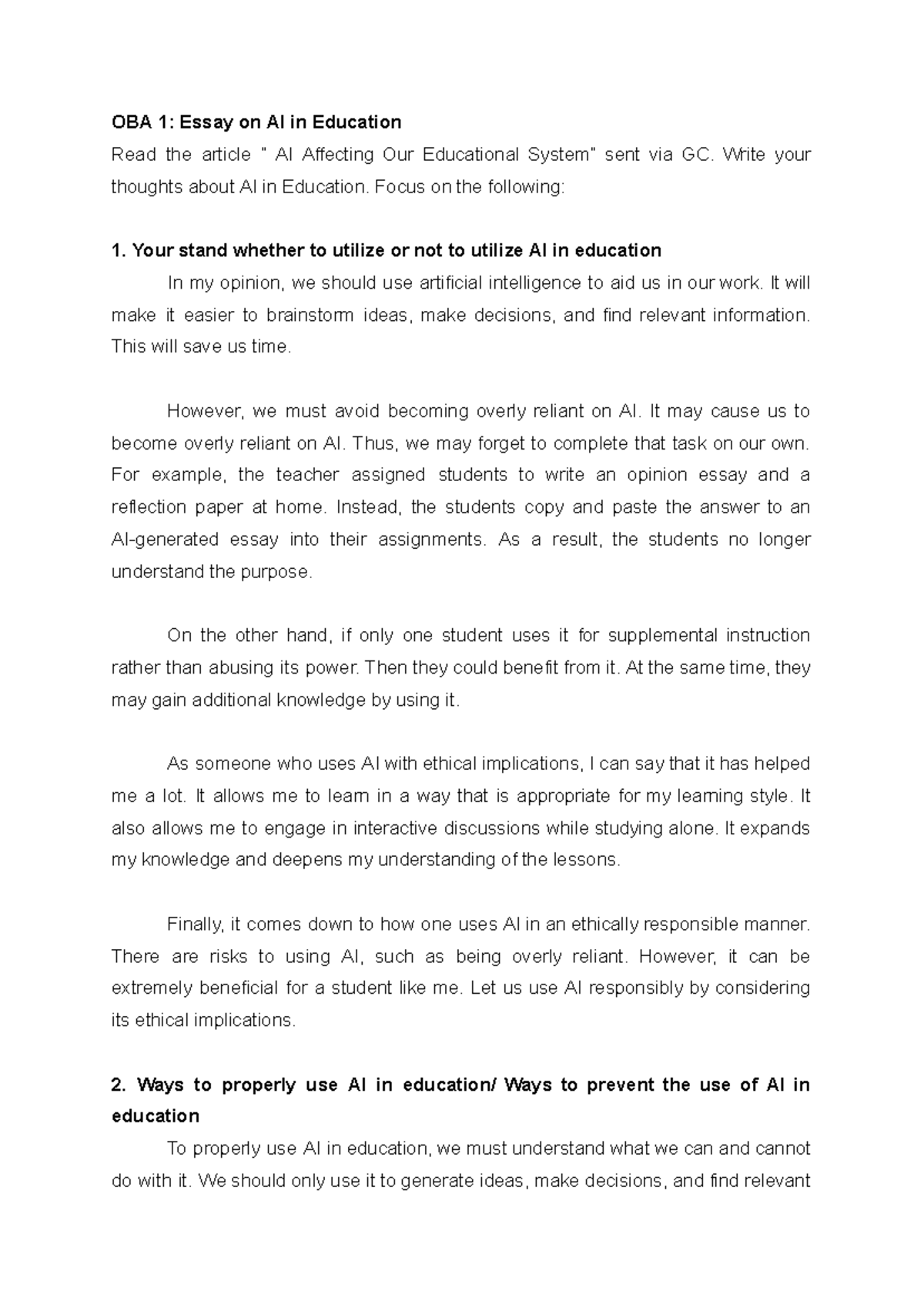 EDUC85-HOMEWORK01-AI - OBA 1: Essay on AI in Education Read the article ...