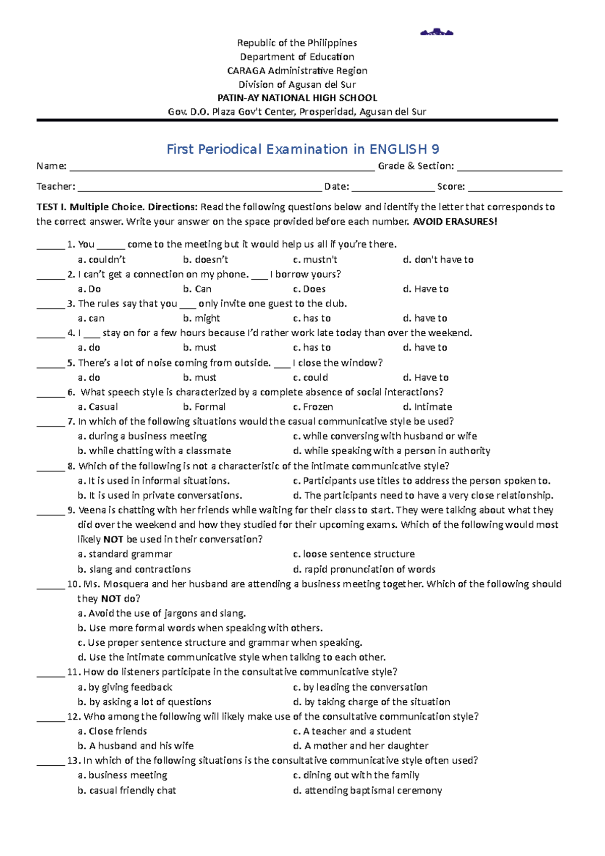First Periodical Exam in English 9 - Department of Education CARAGA ...