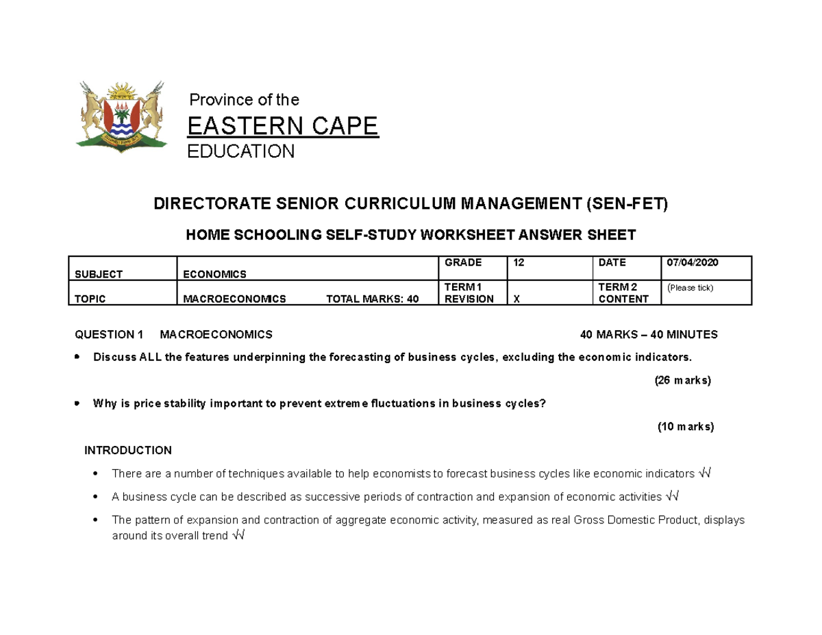 Economics Grade 12 Worksheet 7 Answersheet Macroeconomics - Province of ...