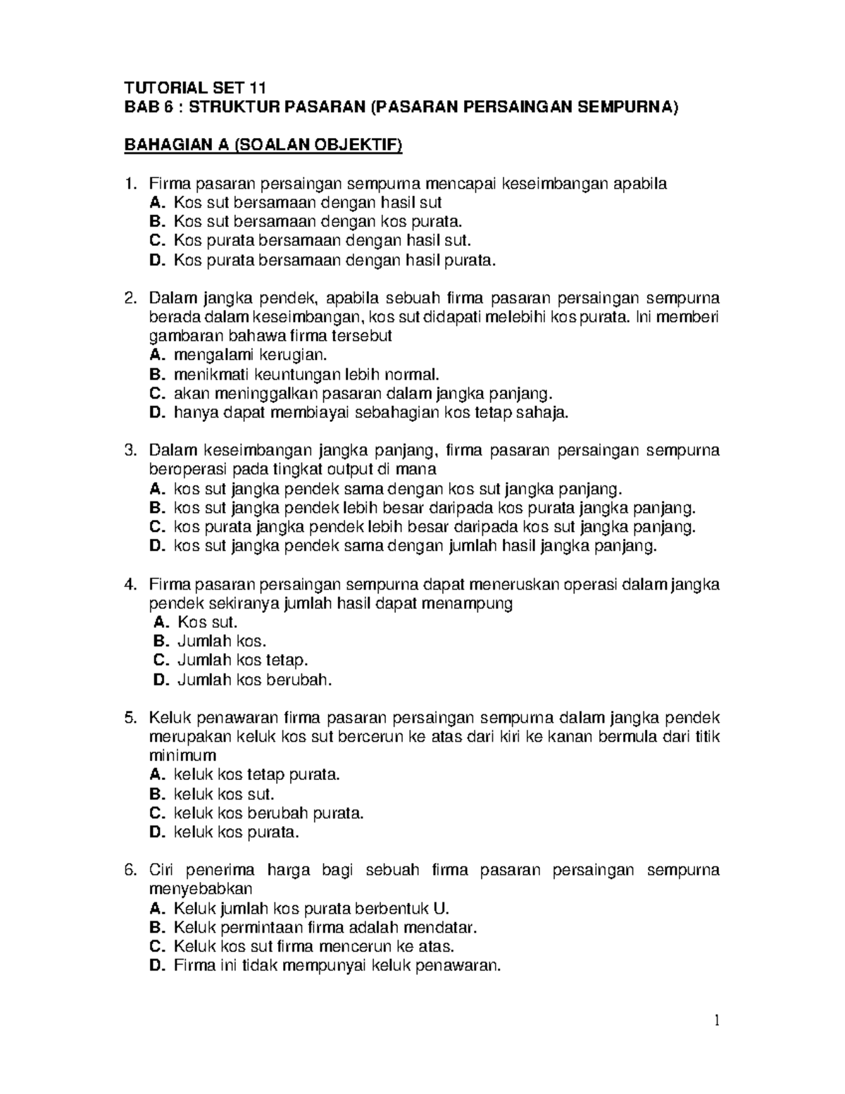 Soalan TUT SET 11 Bab 6 PPS Mikro - TUTORIAL SET 11 BAB 6 : STRUKTUR PASARAN (PASARAN PERSAINGAN ...