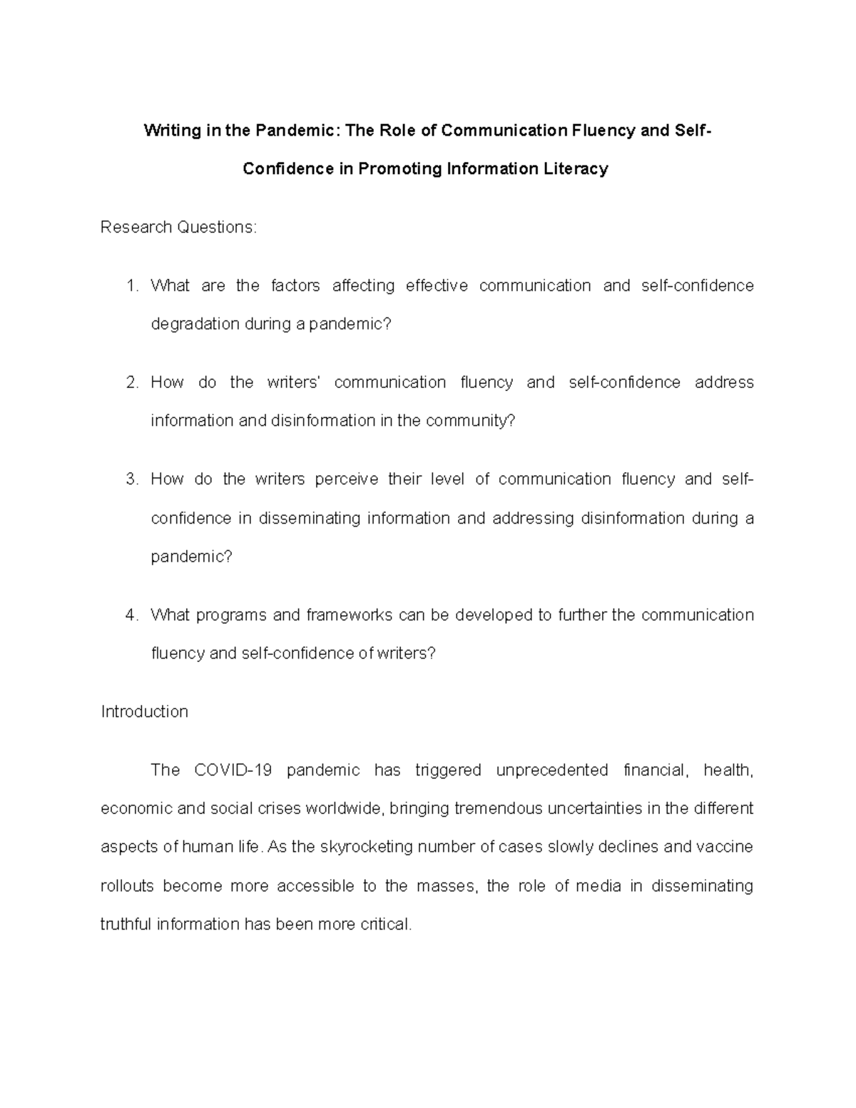 Research Chapter 1- Sample - Writing in the Pandemic: The Role of ...