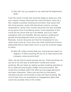 2-2 Assignment- HR Inbox - The primary function of human resources is to hire employees, pay ...