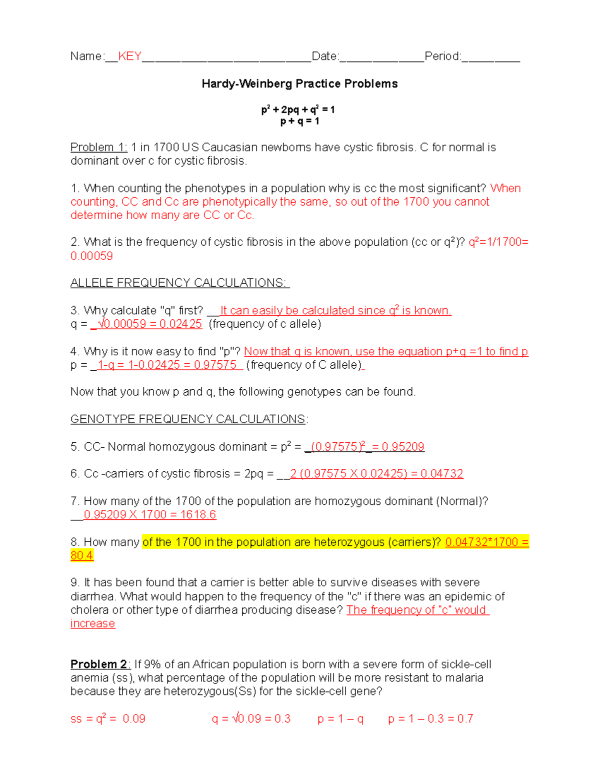 Hardy Weinberg Practice Problem KEY 12-13 - Name:__KEY ...
