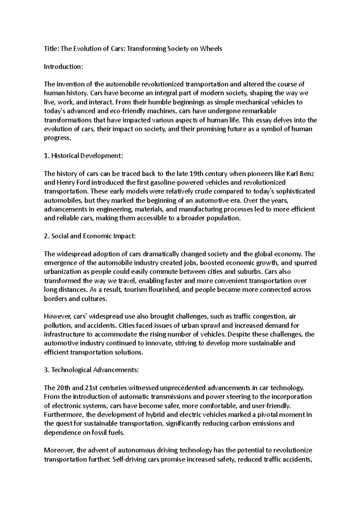 Essay on Cars - Title: The Evolution of Cars: Transforming Society on ...