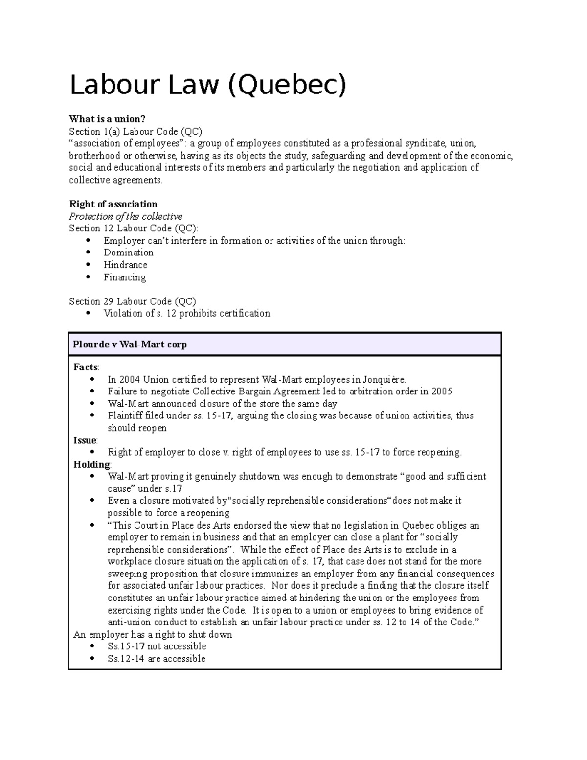 Employment 7 - class and reading note summary - Labour Law (Quebec ...