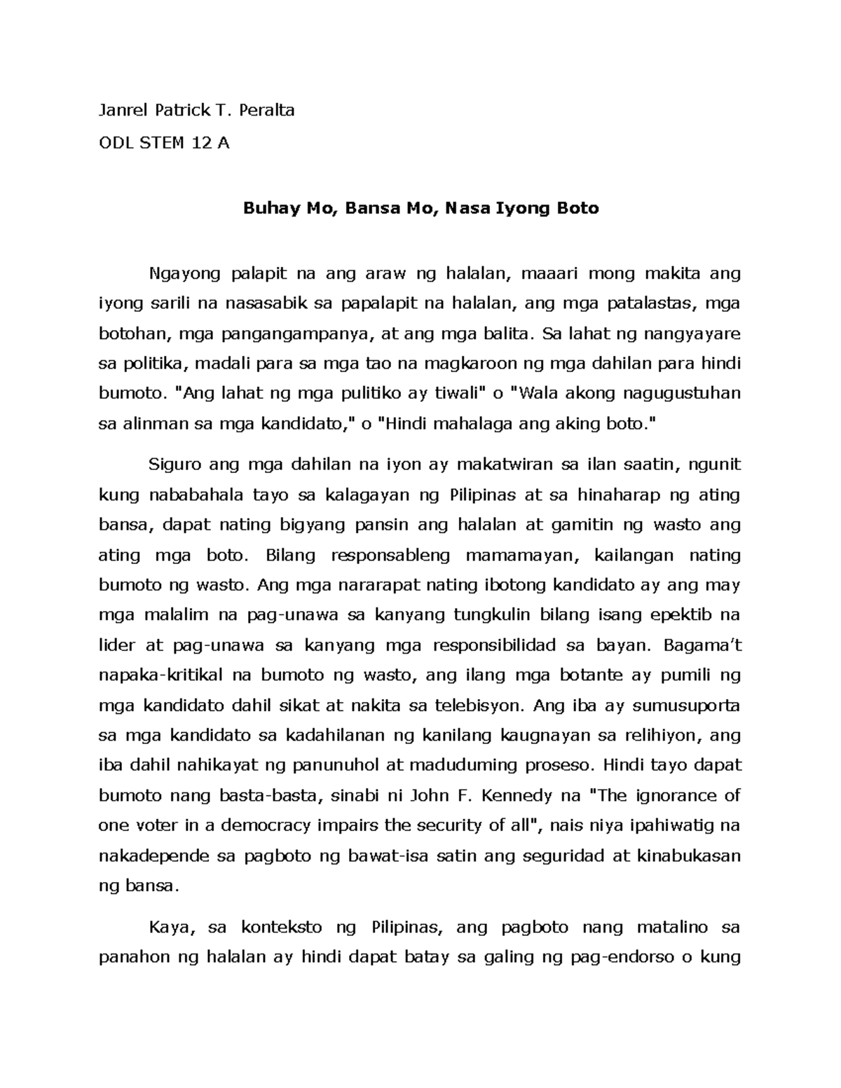 Janrel Peralta Pagsulat ng Talumpati - Janrel Patrick T. Peralta ODL ...