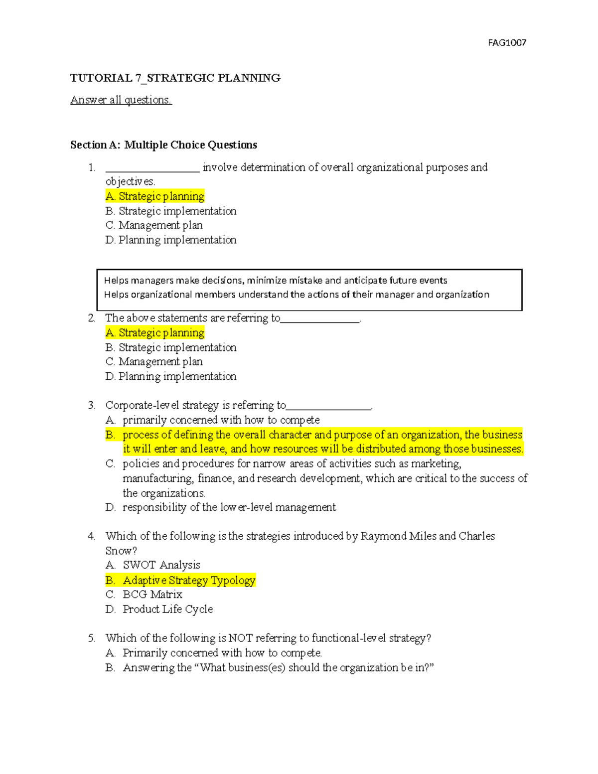 DONE Tutorial 7 Strategic Planning - FAG TUTORIAL 7_STRATEGIC PLANNING ...