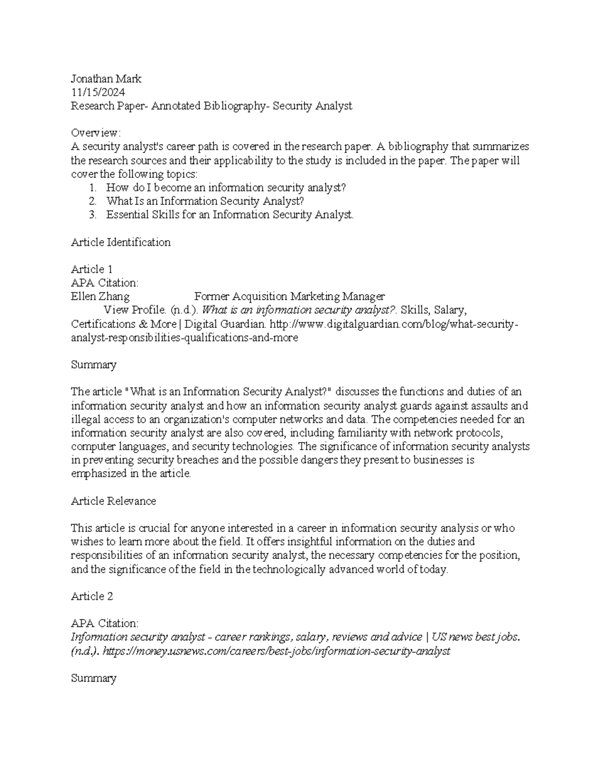 Research Paper- Annotated Bibliography - Jonathan Mark 11/15/ Research ...