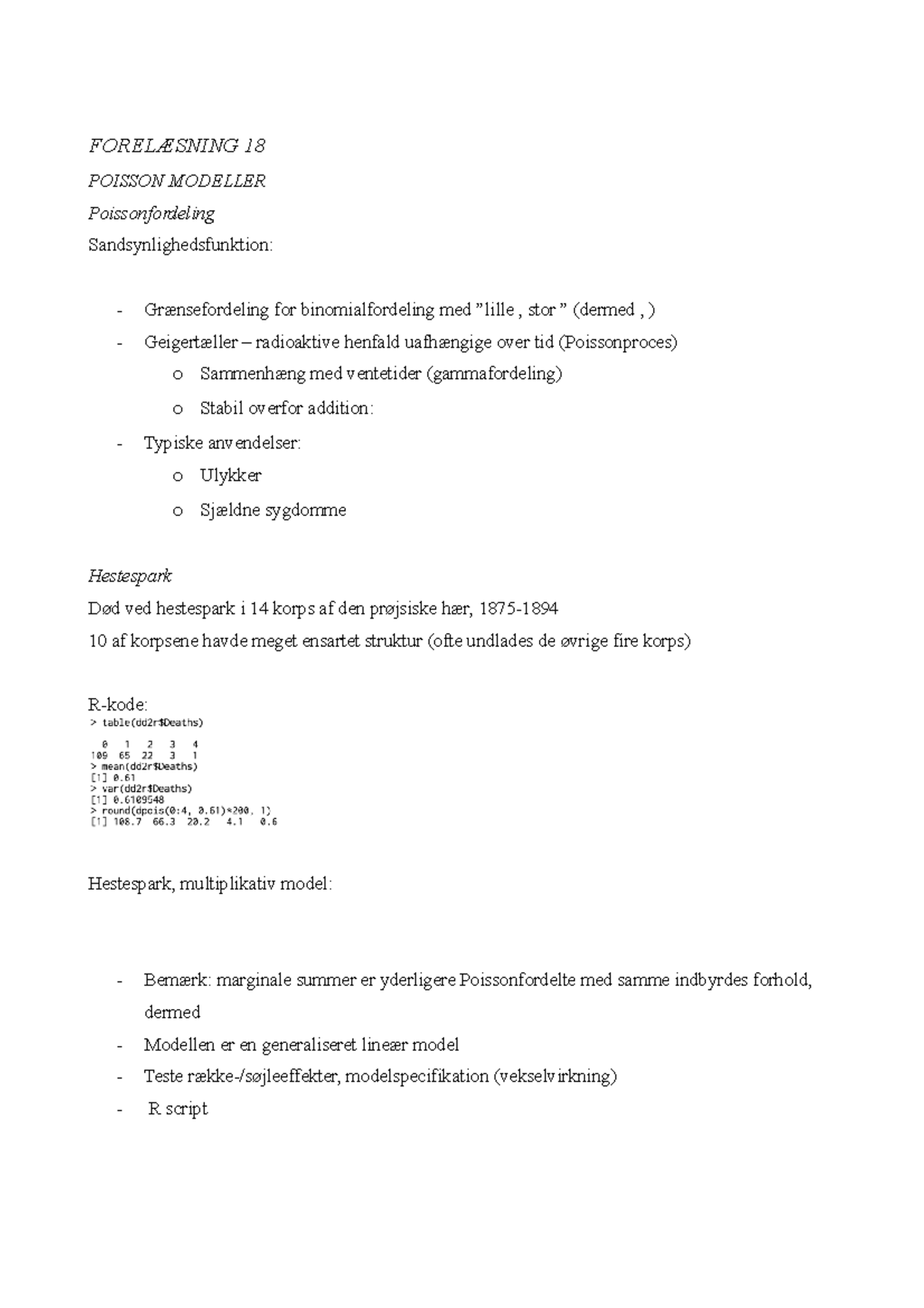 Statistiske Modeller, forelæsning 18 - FORELÆSNING 18 POISSON MODELLER ...