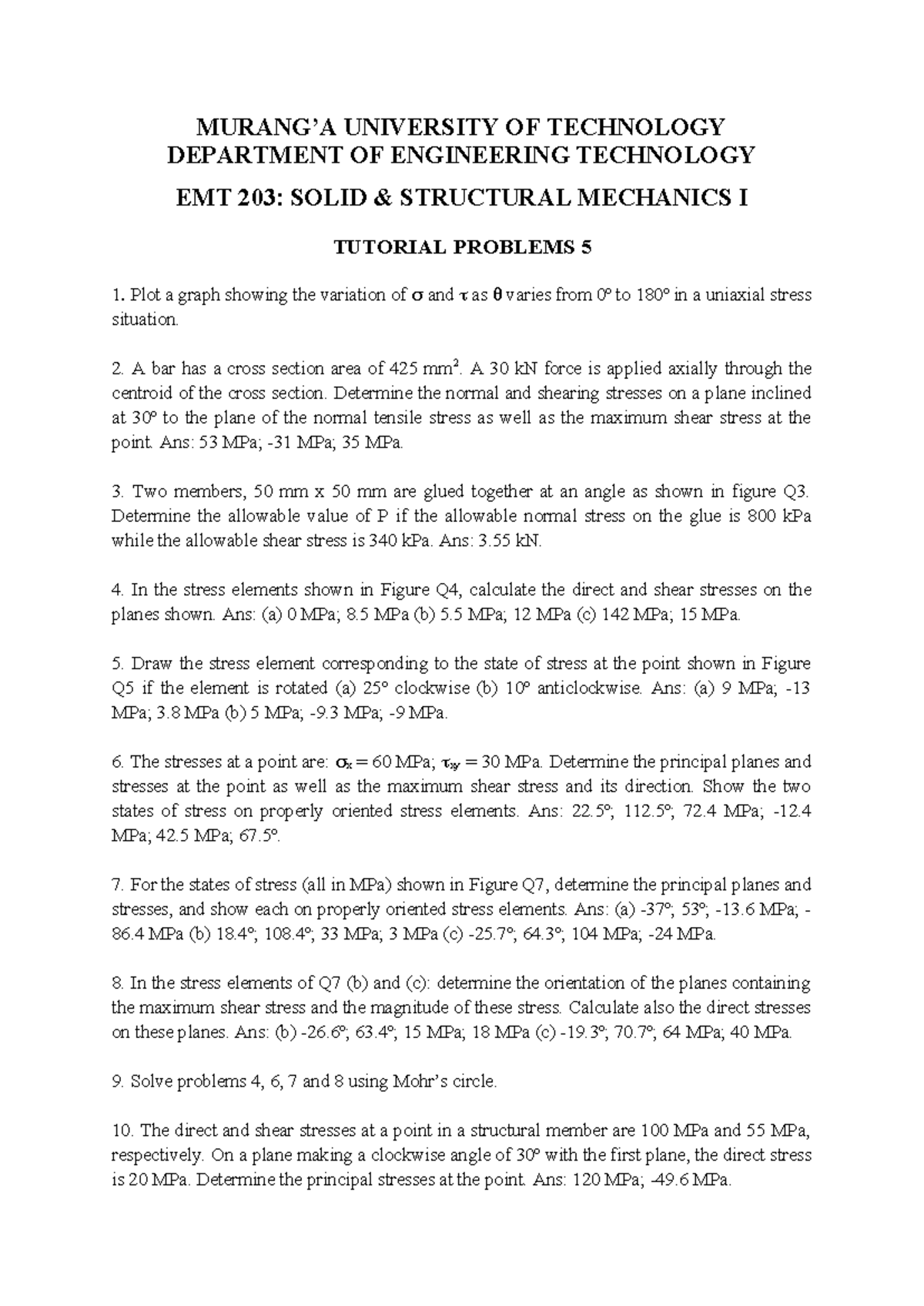 Muranga EMT 203 TUT 5 - MURANG’A UNIVERSITY OF TECHNOLOGY DEPARTMENT OF ENGINEERING TECHNOLOGY ...