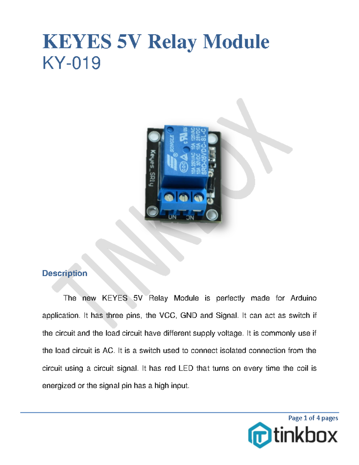 Keyes 5V Relay Module KY-019 - KEYES 5V Relay Module KY- Description ...