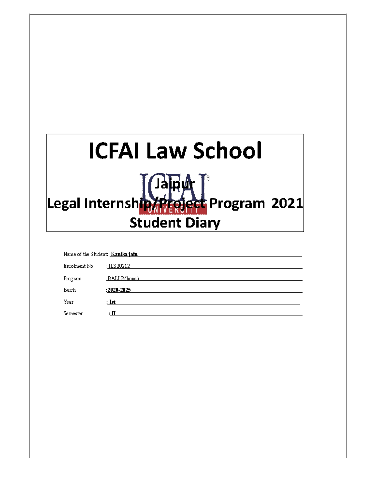 Internship Diary 2021 - ICFAI Law School Jaipur Legal Internship ...