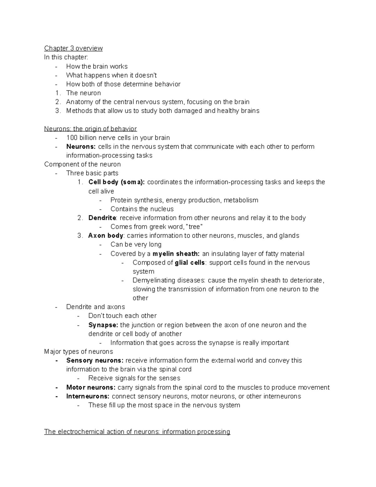 Psych 202 chapter 3 textbook notes (brain) - Chapter 3 overview In this ...