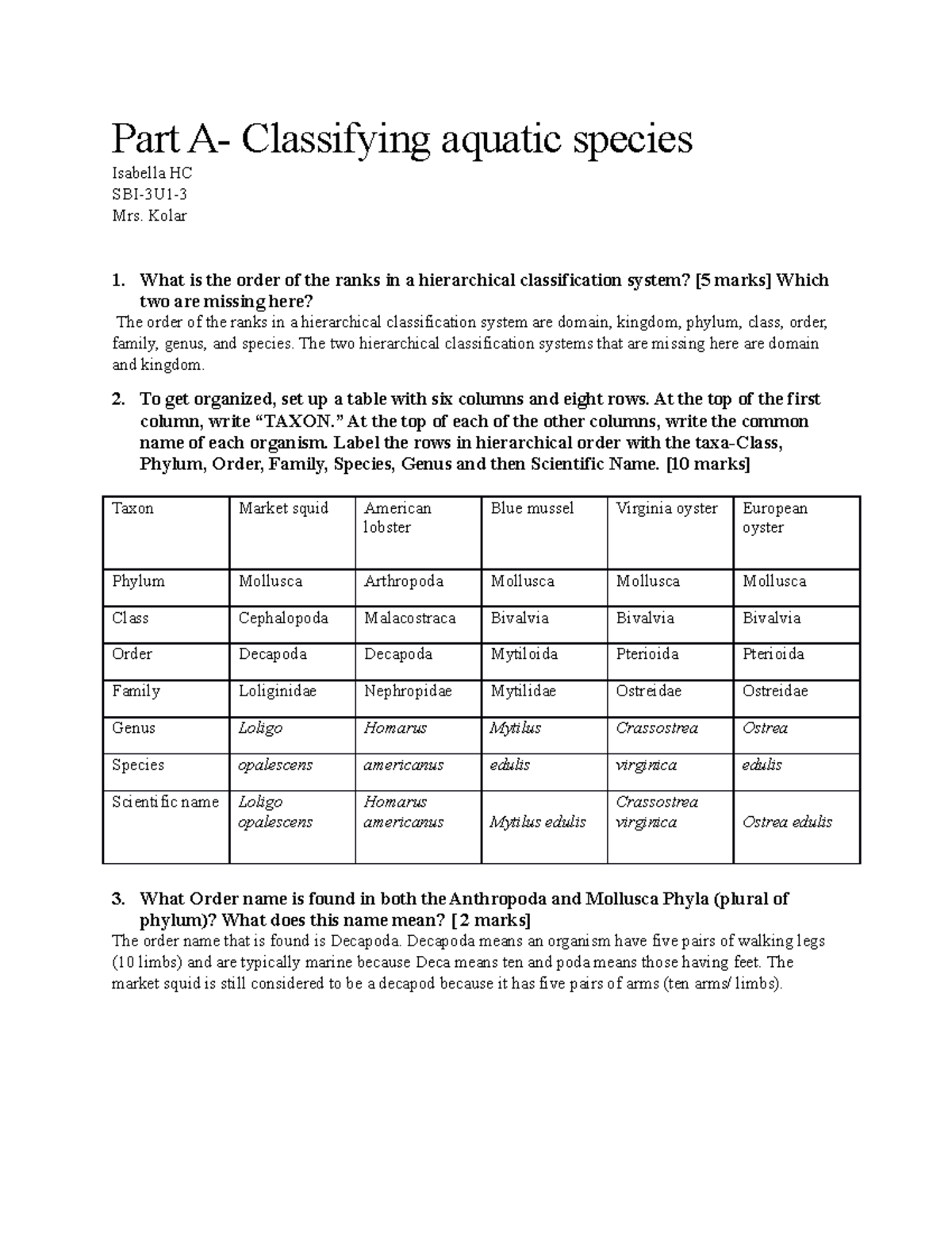 Part A- Classifying aquatic species - Part A- Classifying aquatic ...