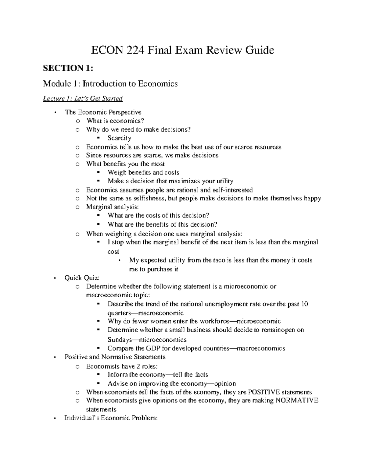 ECON 224 Final Exam Review Guide - ECON 224 Final Exam Review Guide SECTION 1: Module 1: - Studocu