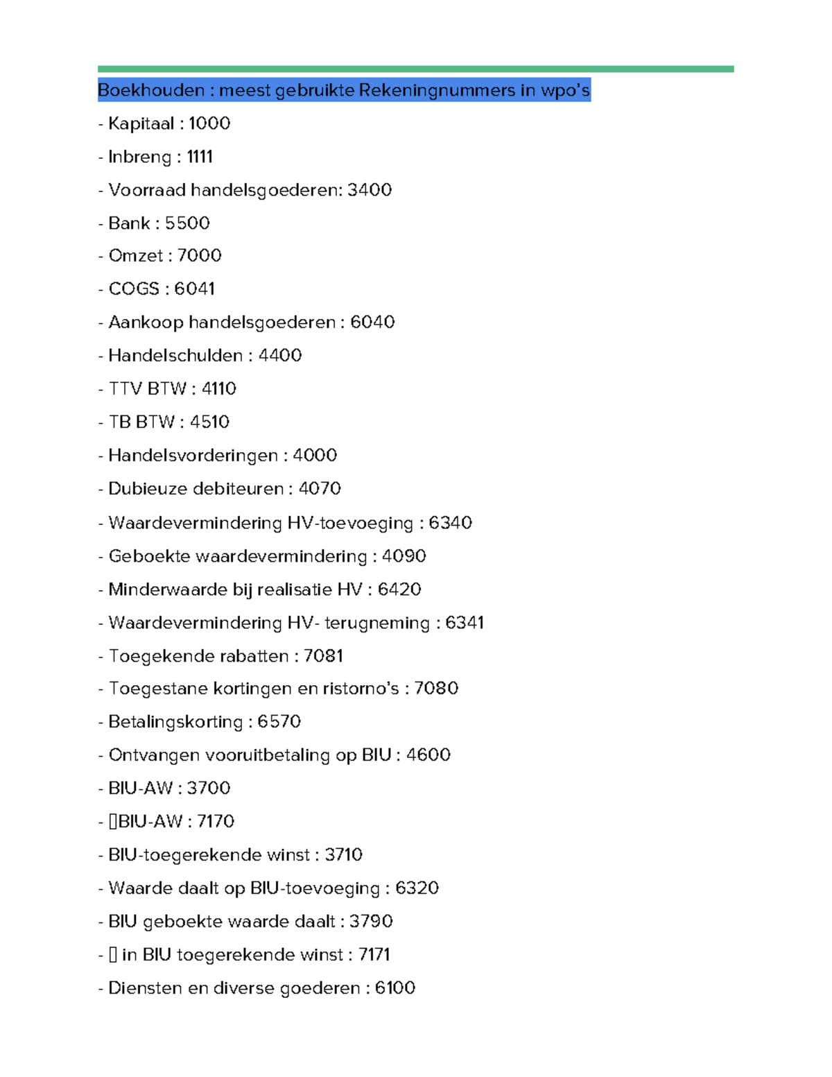 Boekhouden rekeningnummers - Boekhouden : meest gebruikte ...