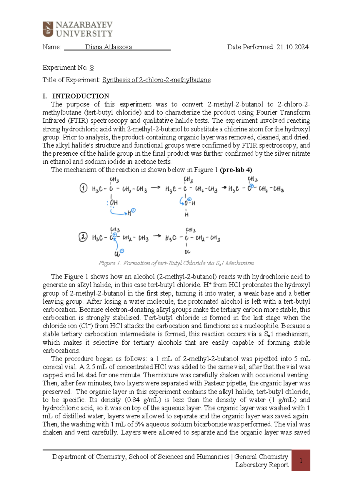 Laboratory report 8 - Department of Chemistry, School of Sciences and ...