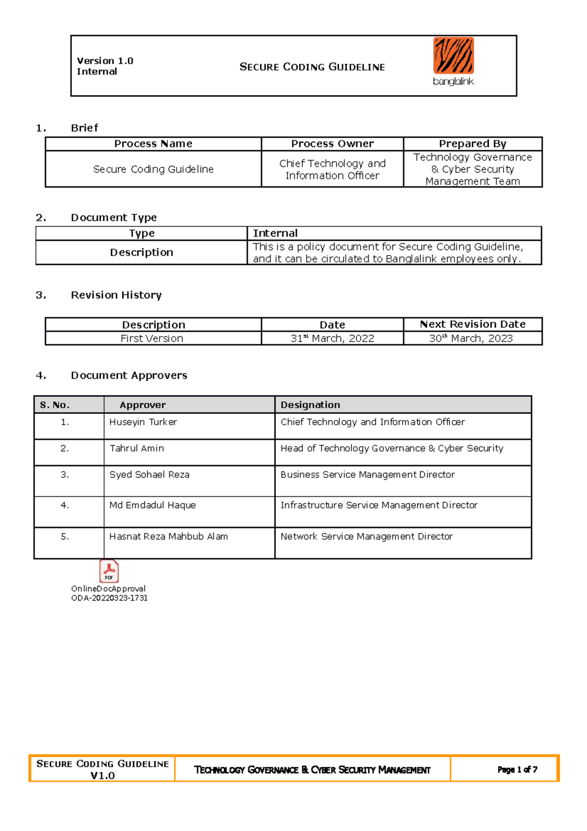 Secure Coding Guideline V1 Internal Secure Coding Guideline Brief Process Name Process Owner