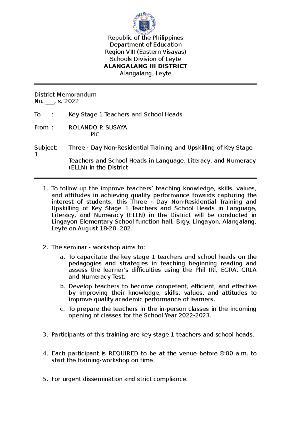 Training Design on ELLN - Republic of the Philippines Department of ...