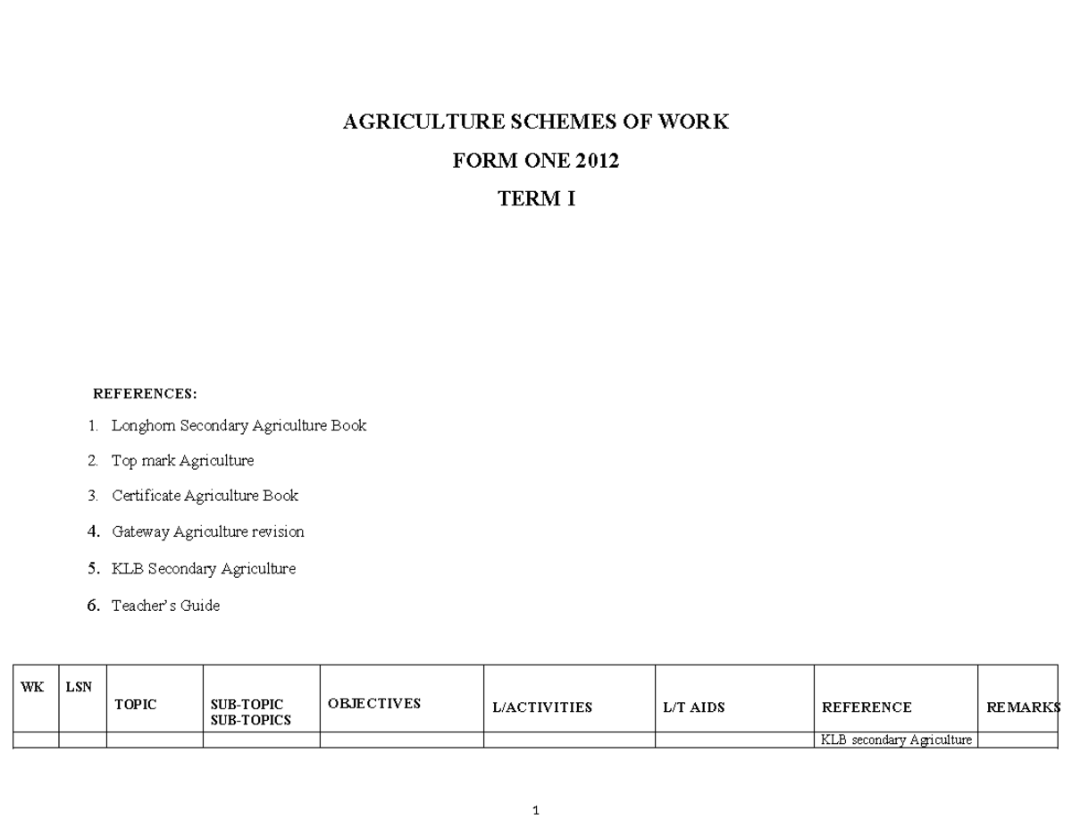 Agriculture Scheme Form 1 - AGRICULTURE SCHEMES OF WORK FORM ONE 2012 ...