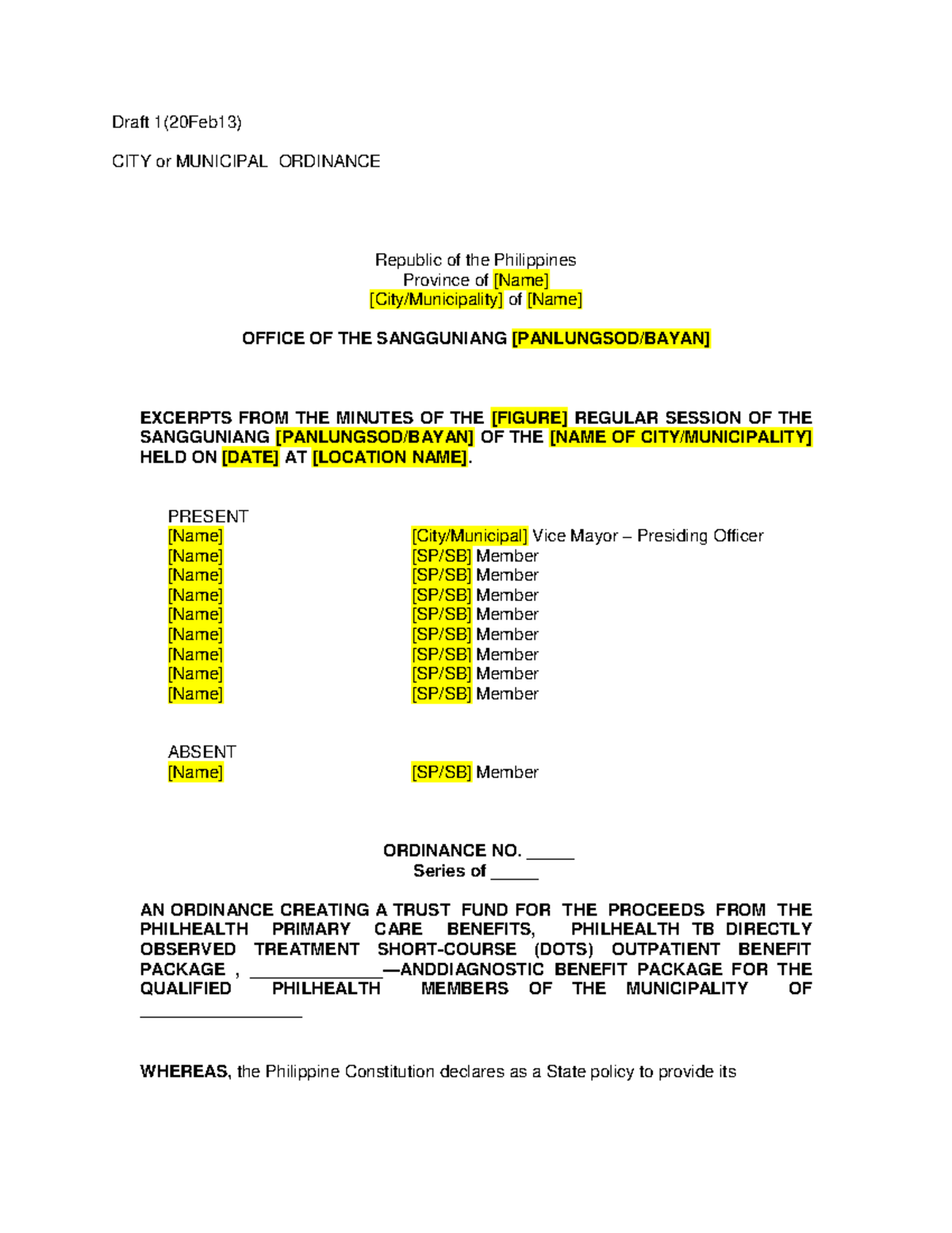 Ordinance - Draft 1(20Feb13) CITY or MUNICIPAL ORDINANCE Republic of ...