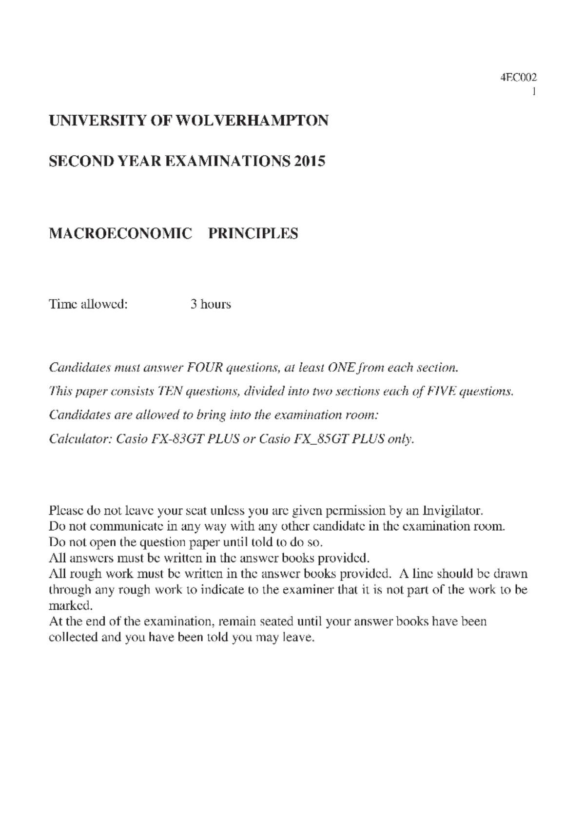 Exam 2015, questions - 4EC002 1 UNIVERSITY OF WOLVERHAMPTON SECOND YEAR ...
