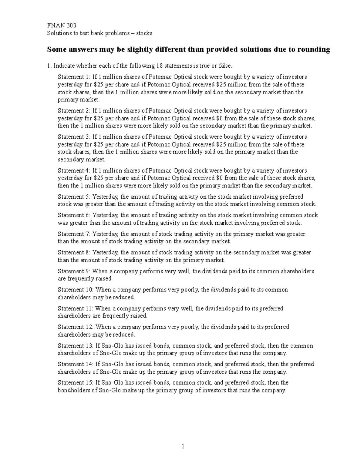 Stocks test bank problems solutions - Solutions to test bank problems ...