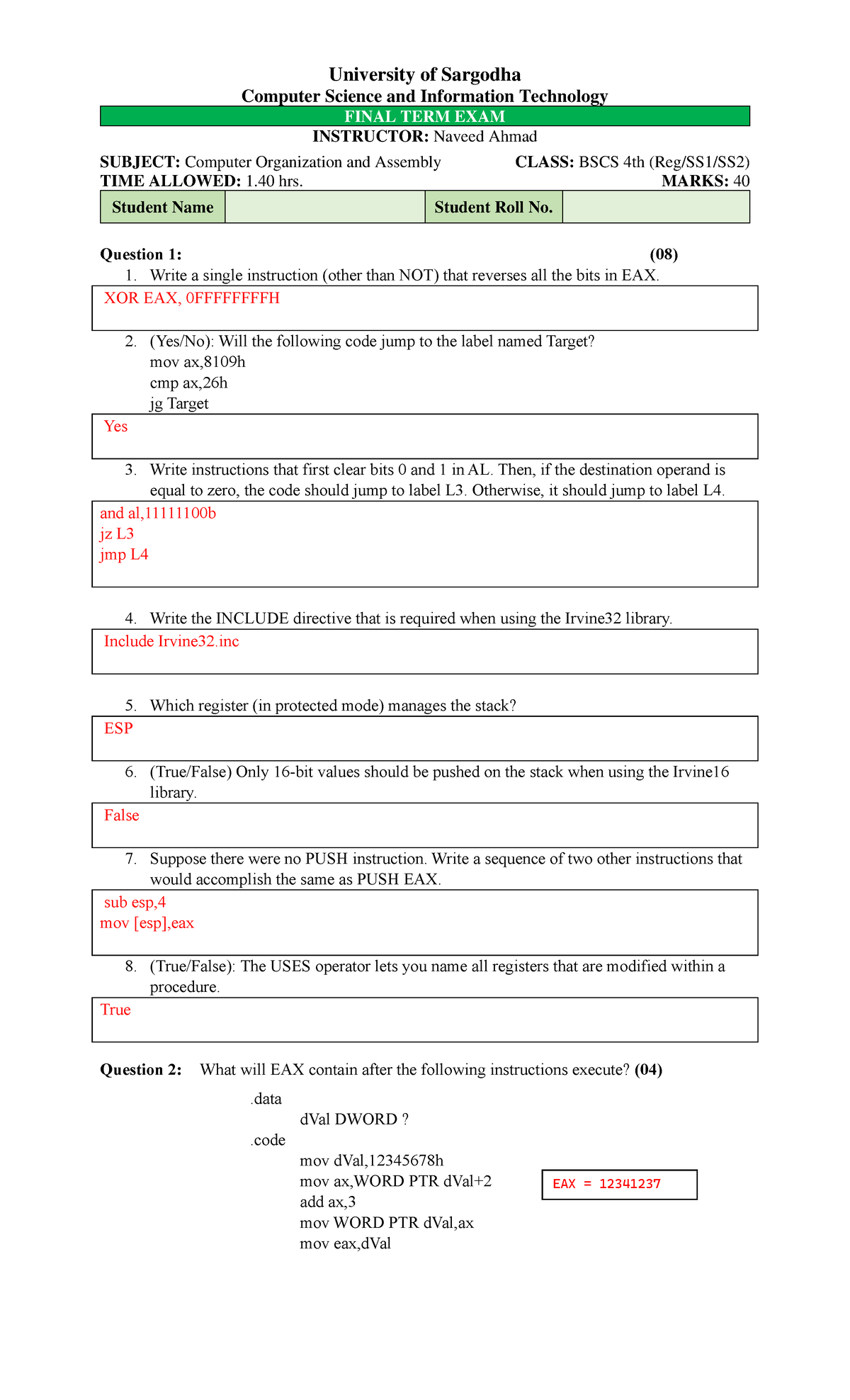 COAL - Solution - University of Sargodha Computer Science and Information Technology FINAL TERM ...