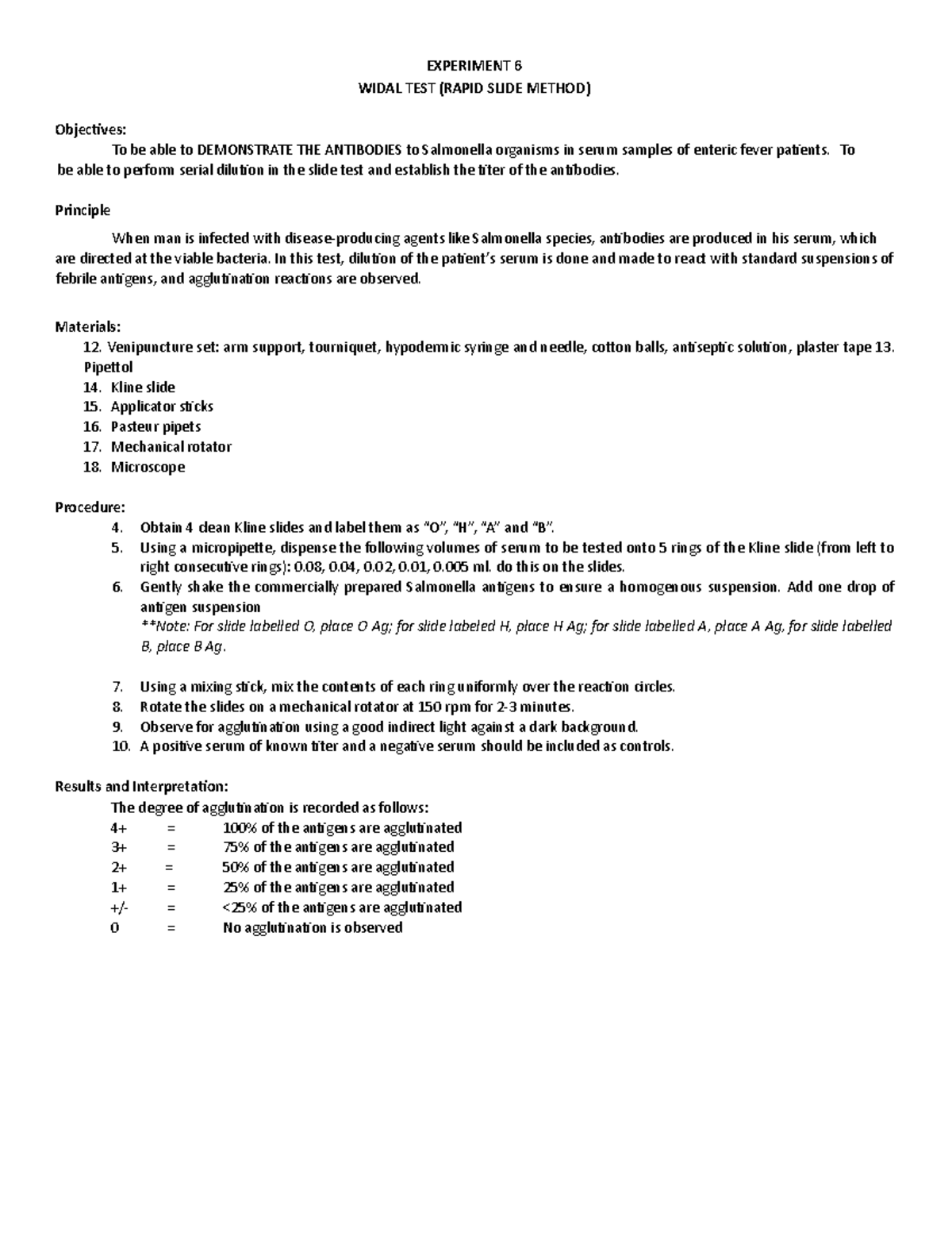 Experiment 6 Widal Test Rapid Slide Method Experiment 6 Widal