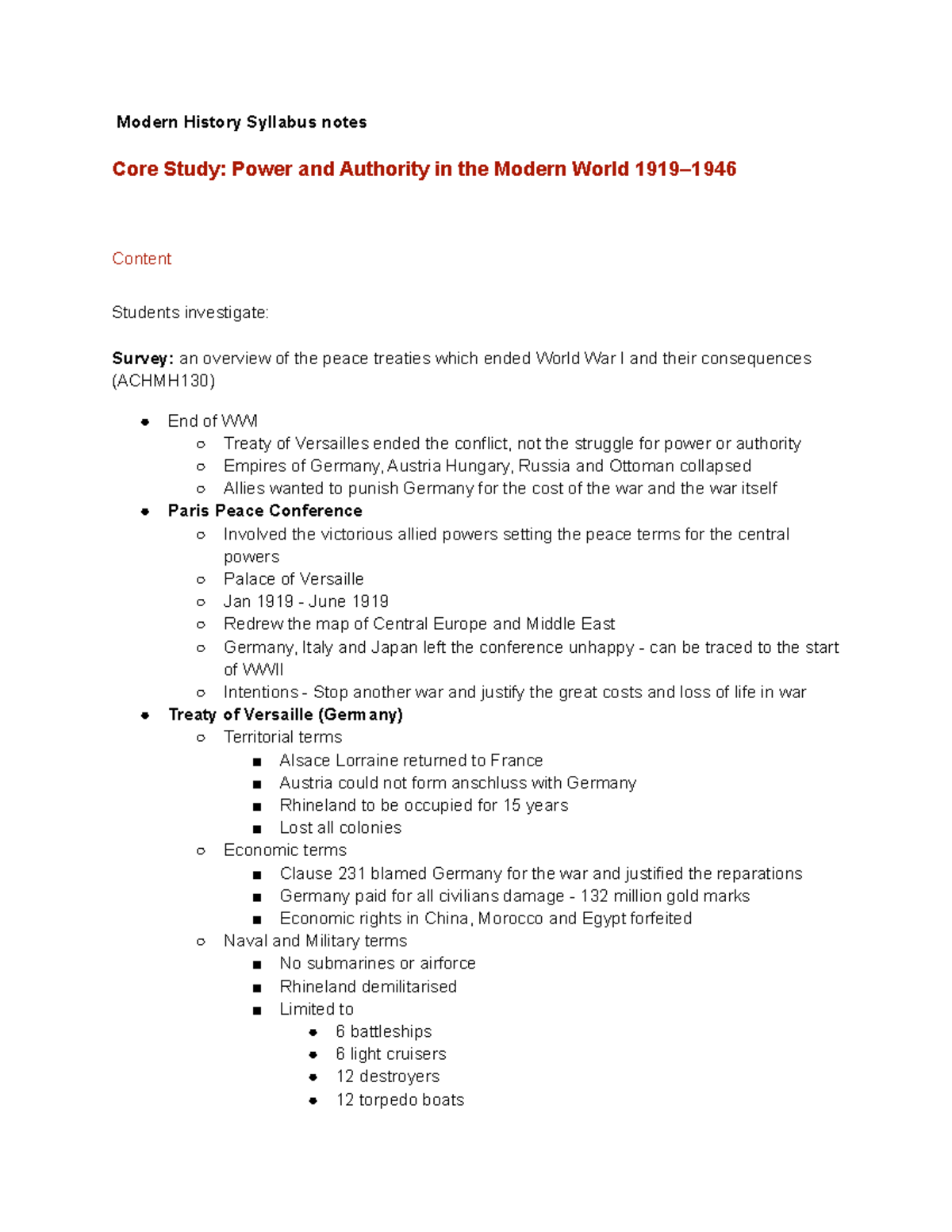 Modern History Notes - Modern History Syllabus notes Core Study: Power ...