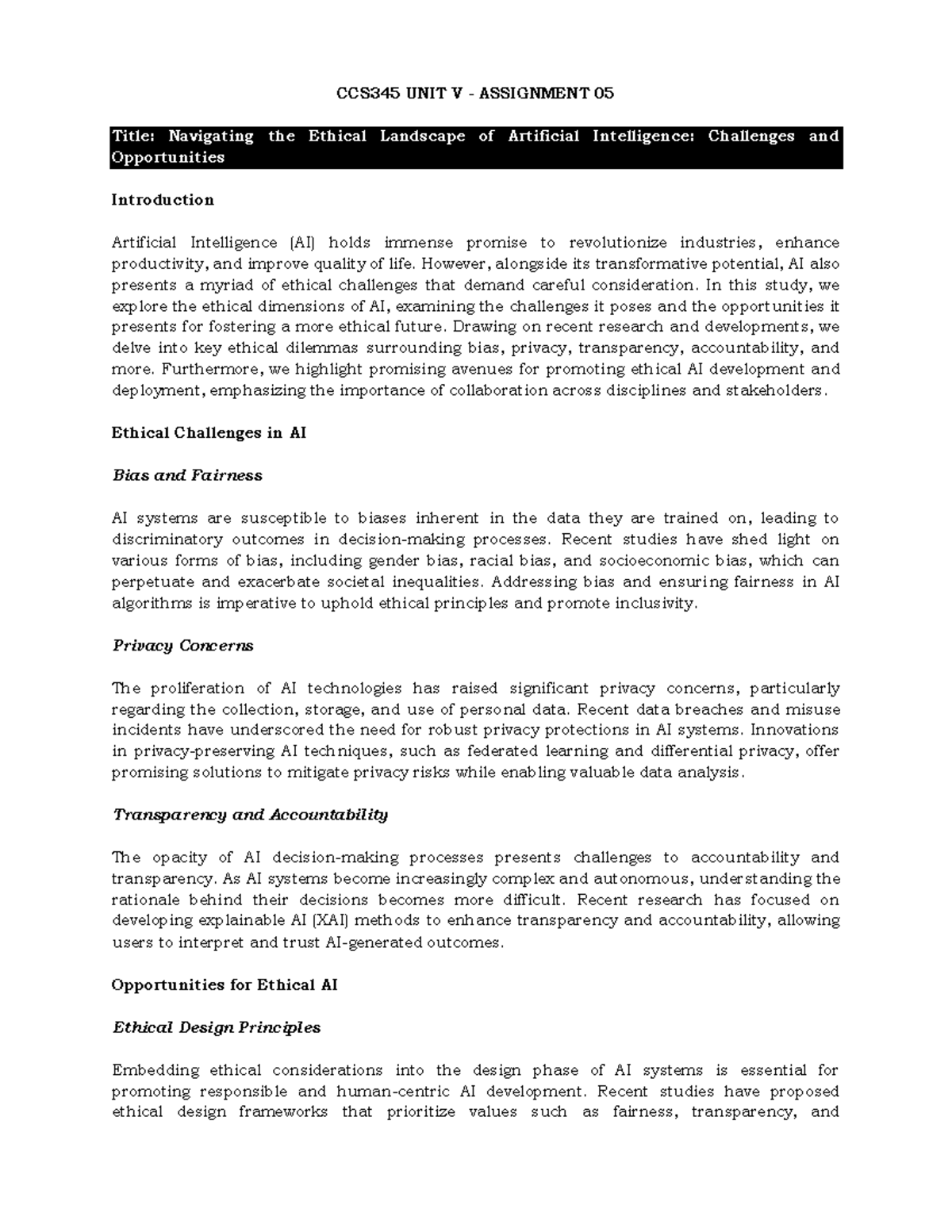 CCS345 Assignment 5 - Navigating the Ethical Landscape of Artificial Intelligence Challenges and ...