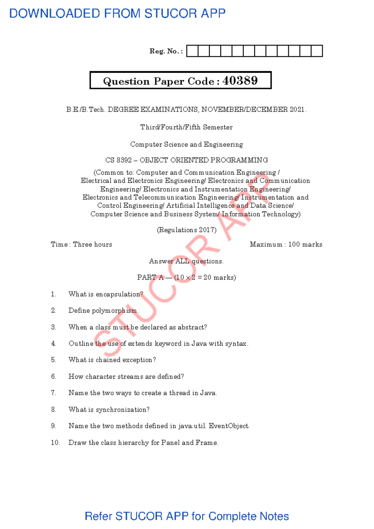 Stucor QP-CS3391 - Academic - Reg. No. : B.E./B. DEGREE EXAMINATIONS, NOVEMBER/DECEMBER 2021 ...
