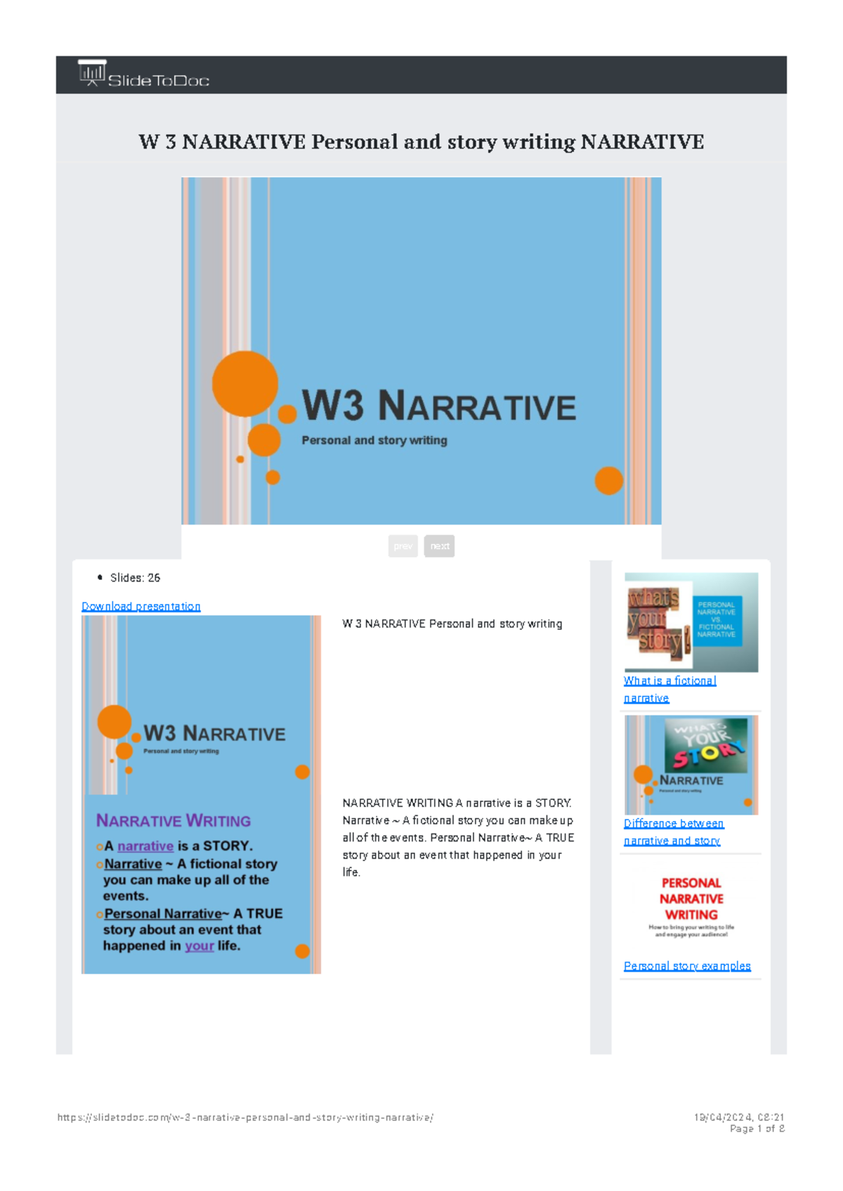W 3 Narrative Personal and story writing Narrative - W 3 NARRATIVE ...
