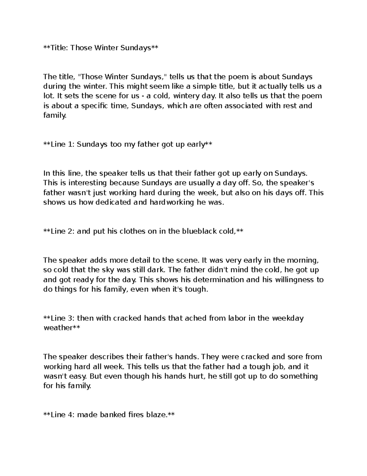 Those winter sundays line by line analysis - Title: Those Winter ...