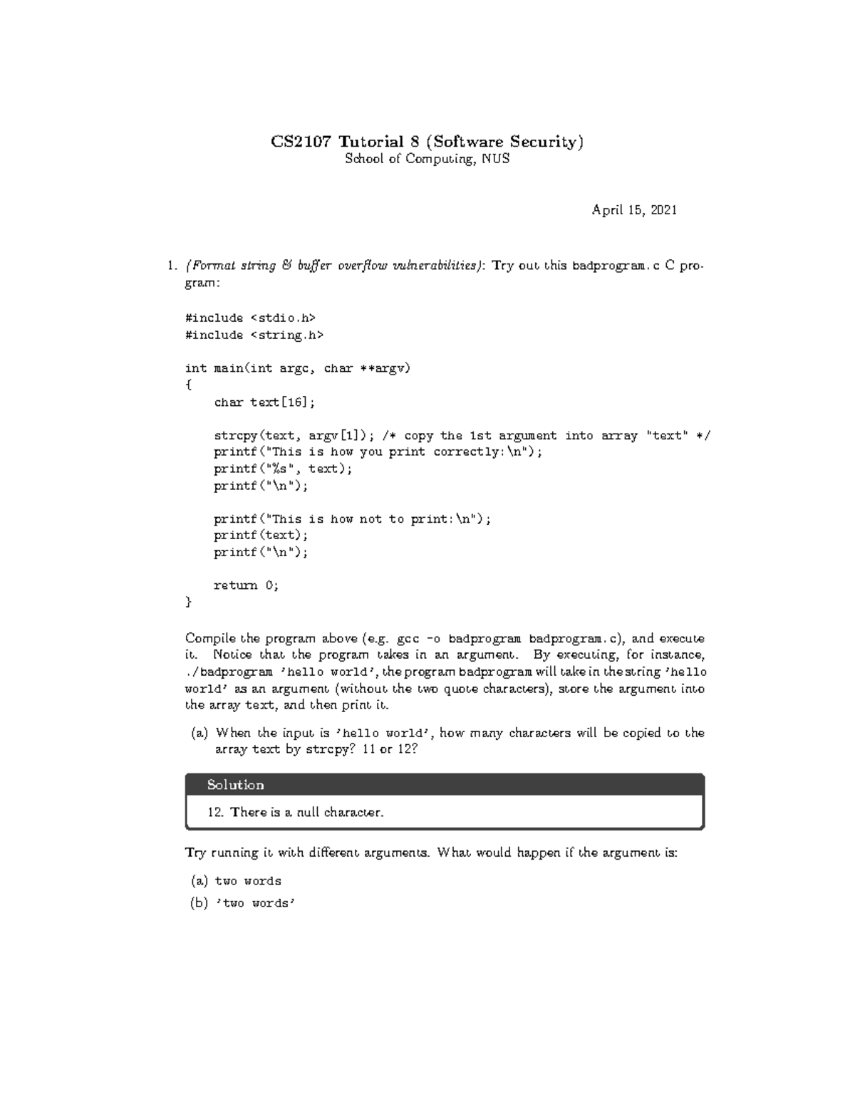 2021 CS2107 tutorial 9 answer V2 - CS2107 Tutorial 8 (Software Security ...