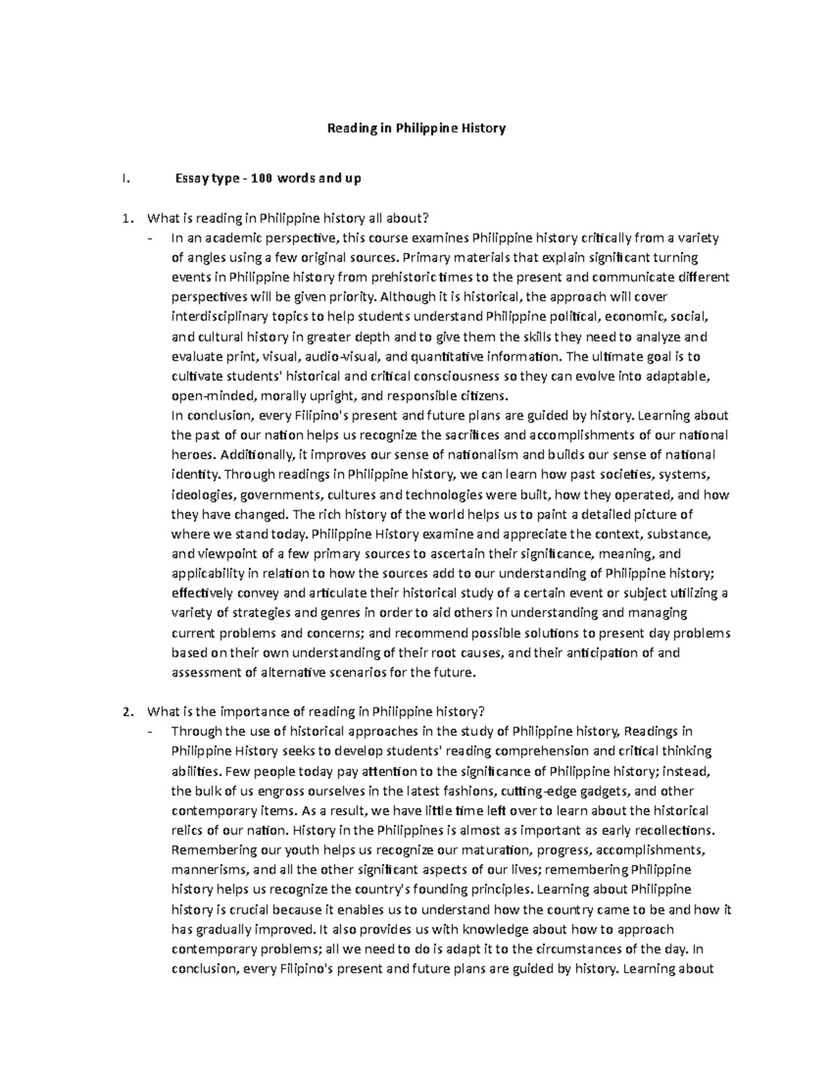 Rphips - essayyyy!!! - Reading in Philippine History I. Essay type ...