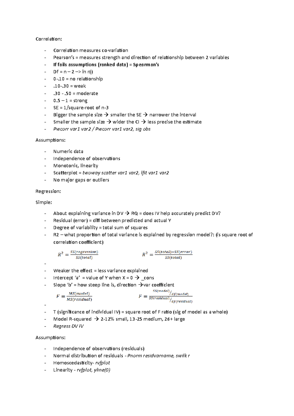 Cheat sheet - Correlation: Correlation measures co-variation Pearson’s ...