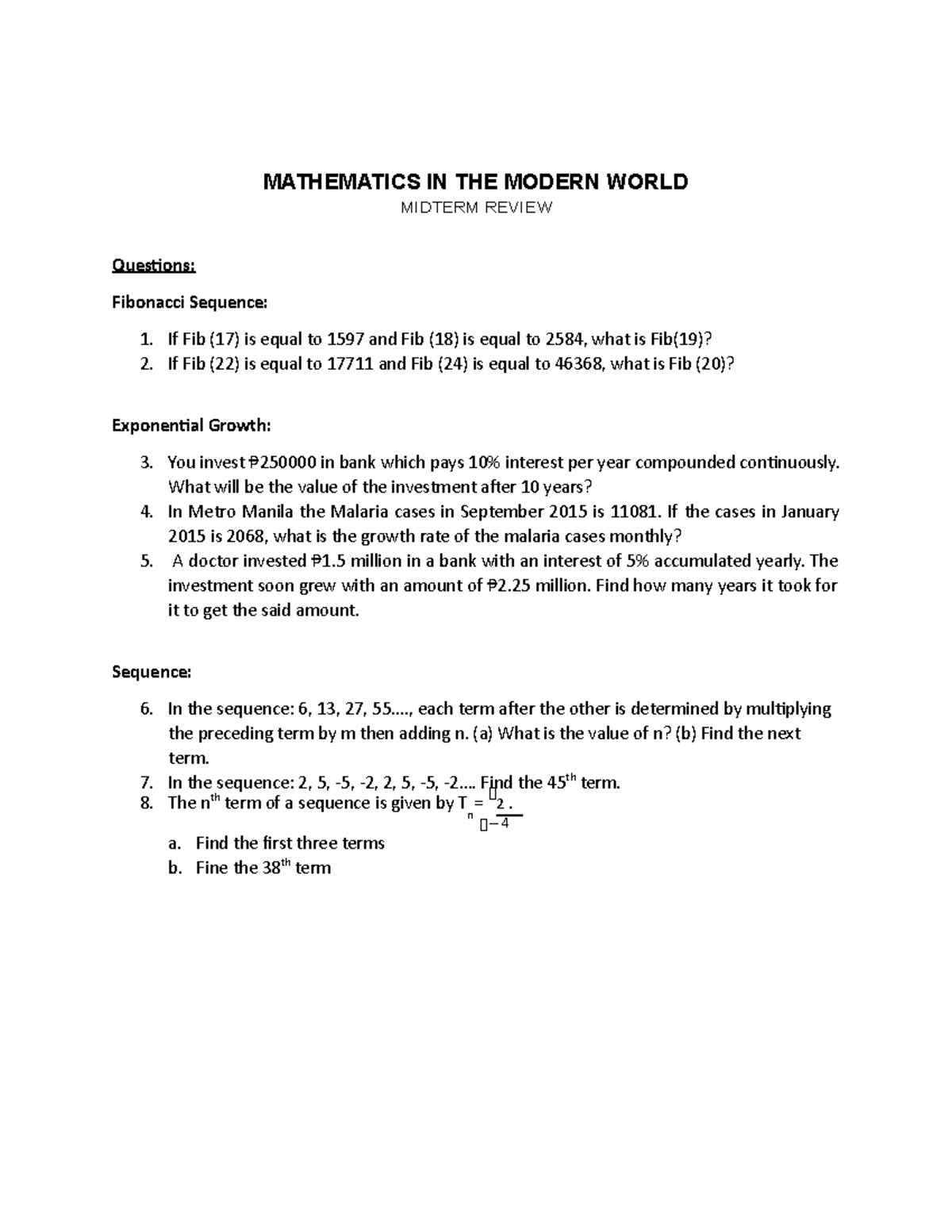MMW - Lecture notes 1-6 - MATHEMATICS IN THE MODERN WORLD MIDTERM ...