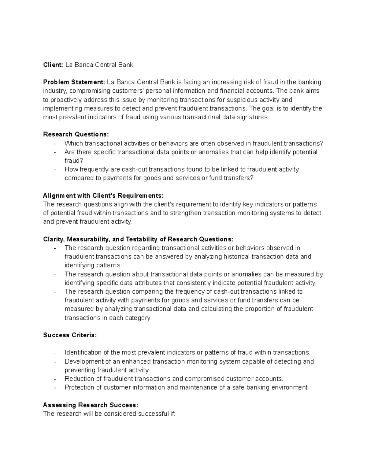 module 4-1 assignment - Client: La Banca Central Bank Problem Statement ...
