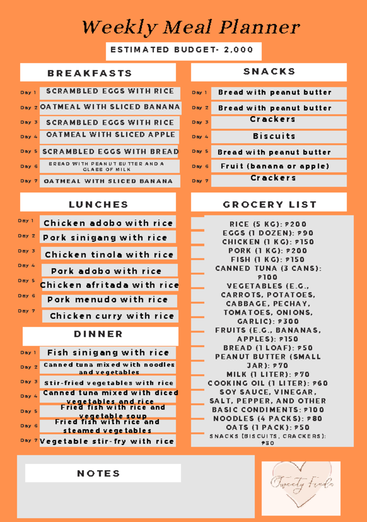 Orange Simple Weekly Meal Budget Planner (A5) - D a y 1 D a y 2 D a y 3 ...