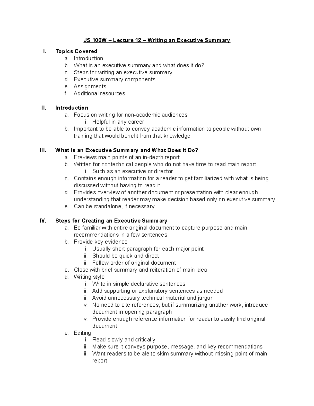 JS 100W - Lecture 12 - Writing an Executive Summary - JS 100W – Lecture ...