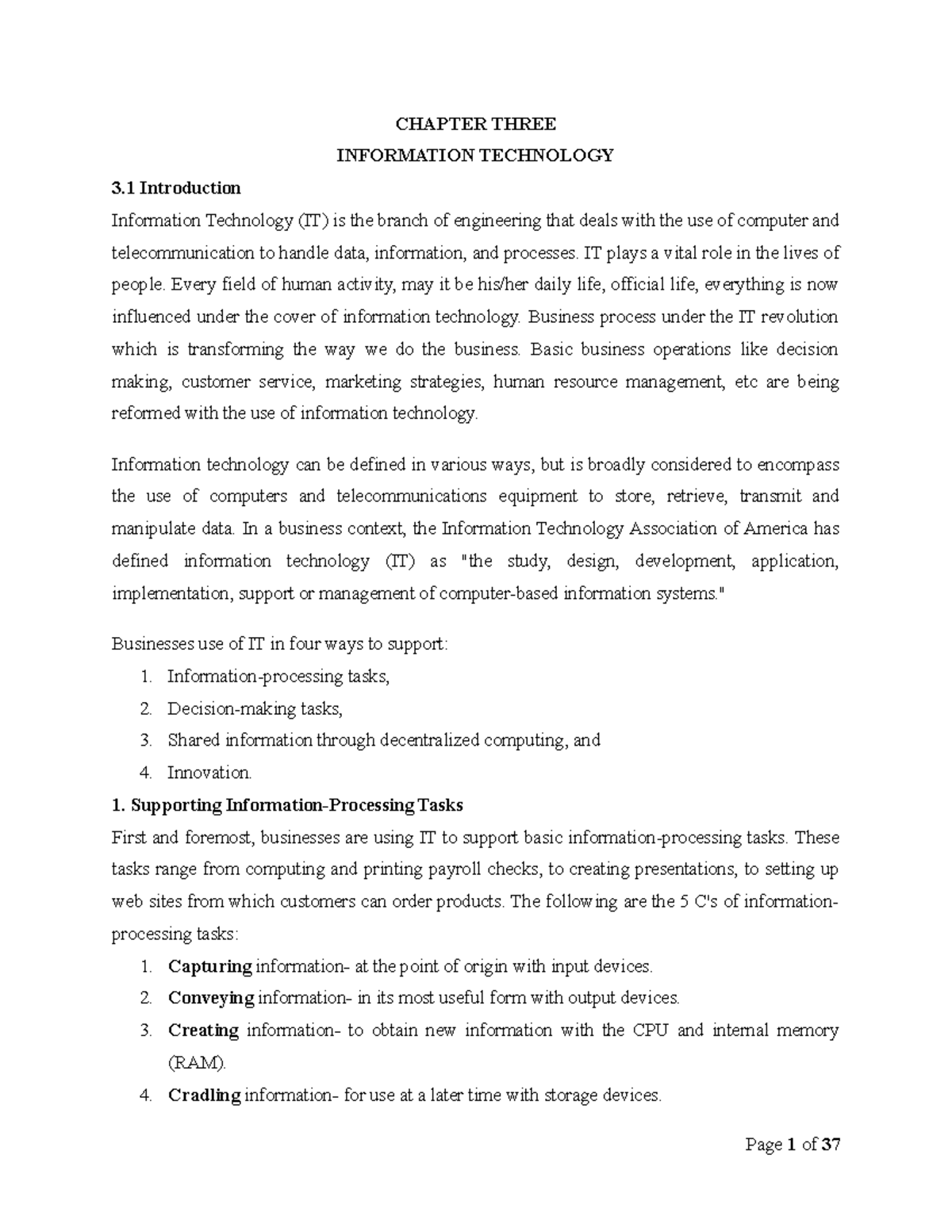 MIS DOC CH 3 - better - CHAPTER THREE INFORMATION TECHNOLOGY 3 ...