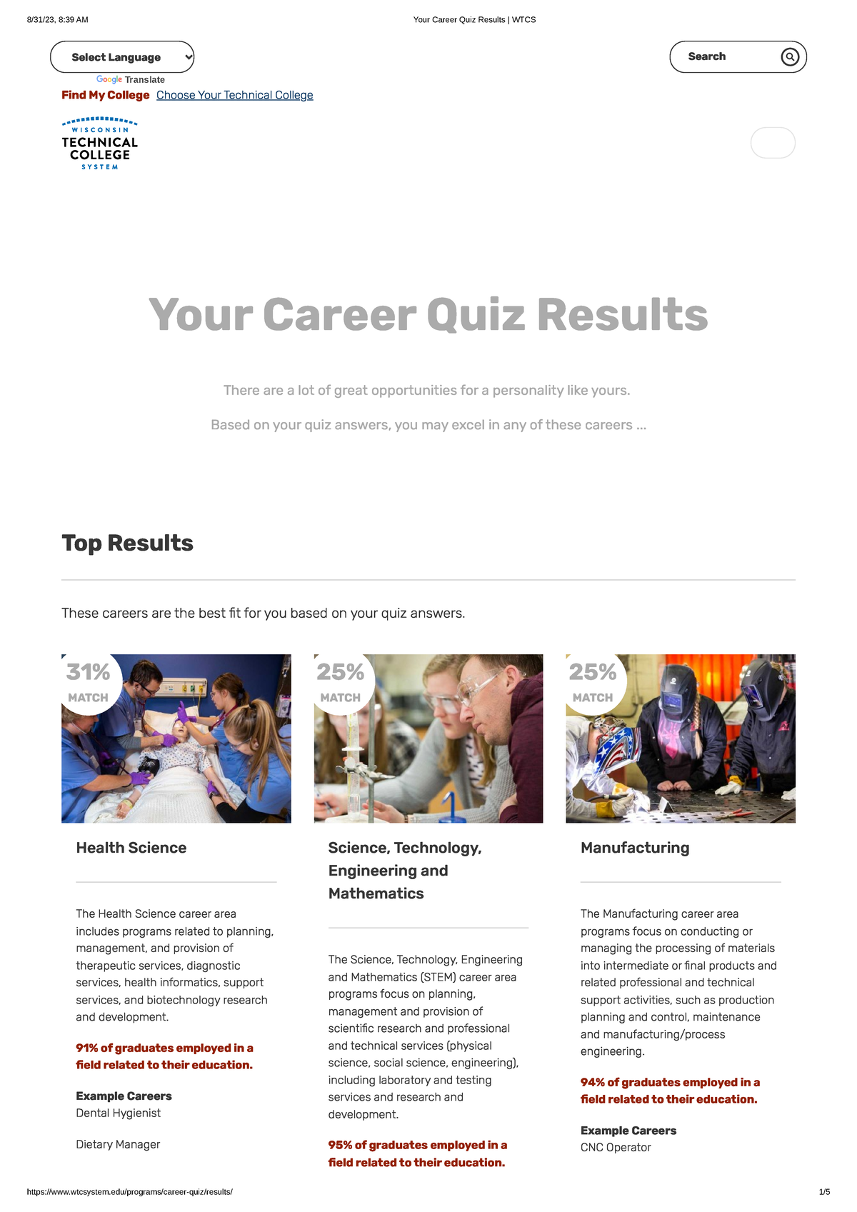 Your Career Quiz Results WTCS - Top Results These careers are the best ...