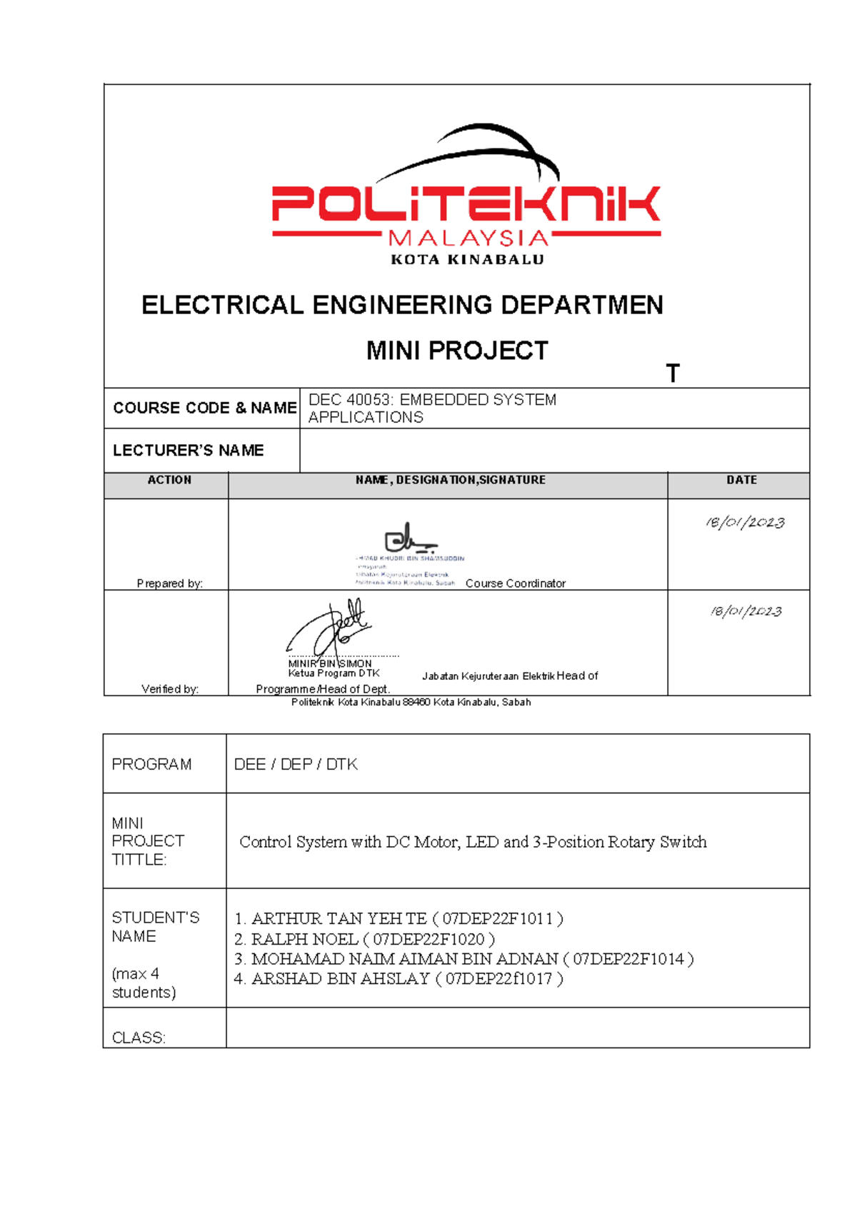 Mini projek report embaged - ELECTRICAL ENGINEERING DEPARTMEN MINI ...