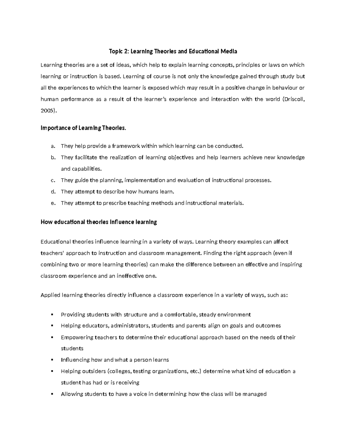 Topic 2 Lecture Notes Topic 2 Learning Theories And Educational Media Learning Theories Are 