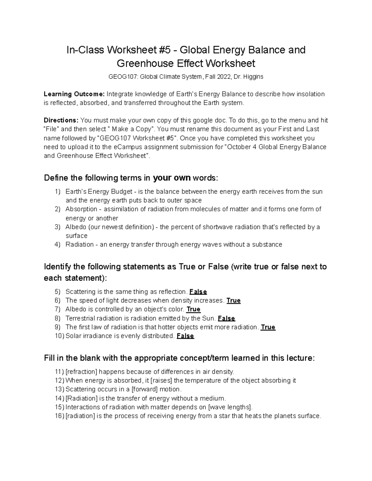 GEOG107 Worksheet #5 - In-Class Worksheet #5 - Global Energy Balance ...