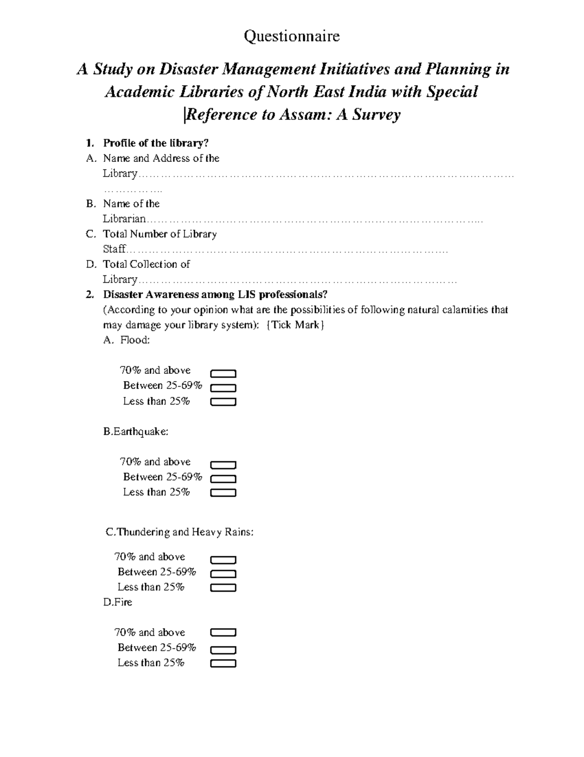 23 Questionnaire - Questionnaire A Study on Disaster Management ...