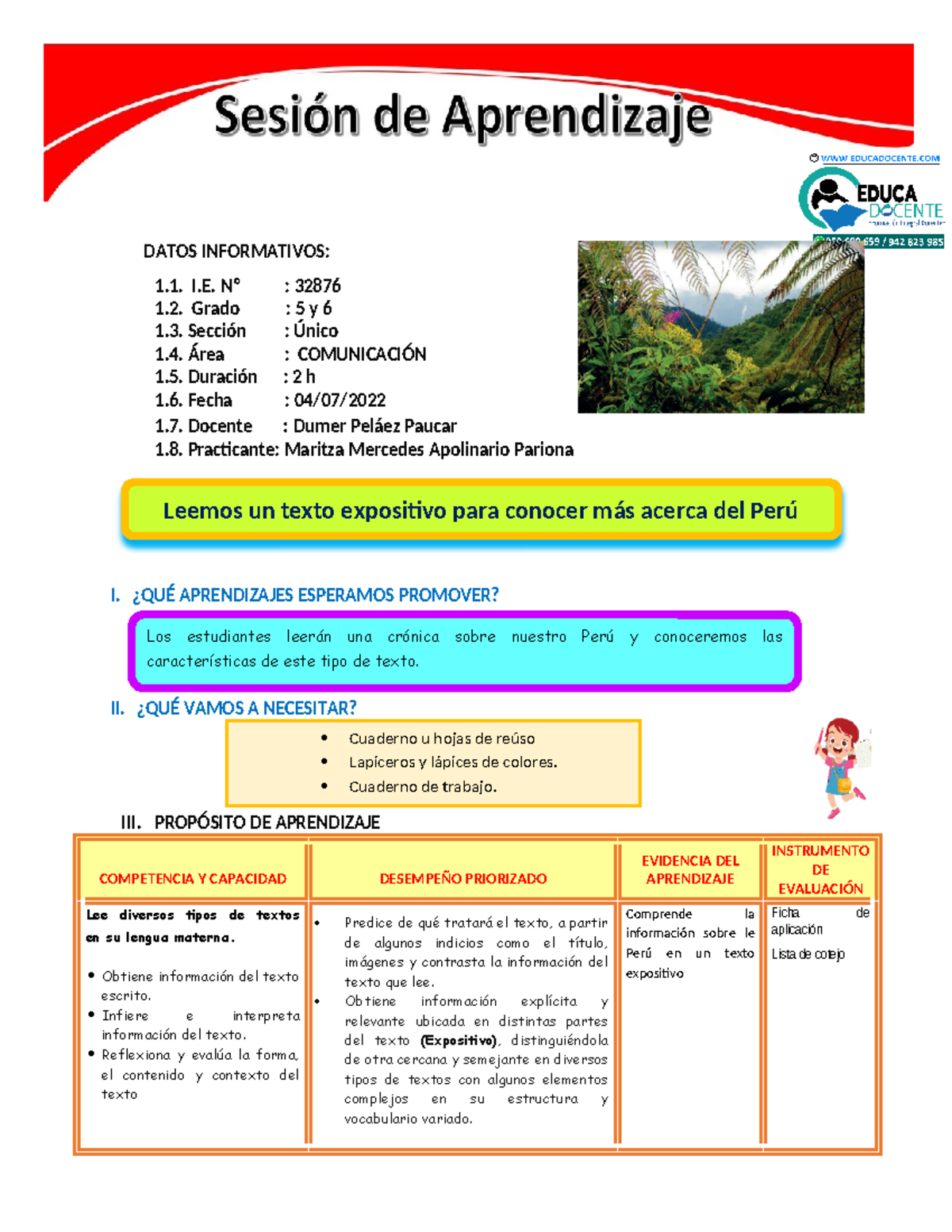 D5 A1 Sesion - Leemos para conocer más acerca del Perú - DATOS INFORMATIVOS: 1. I. Nº : 32876 1 ...